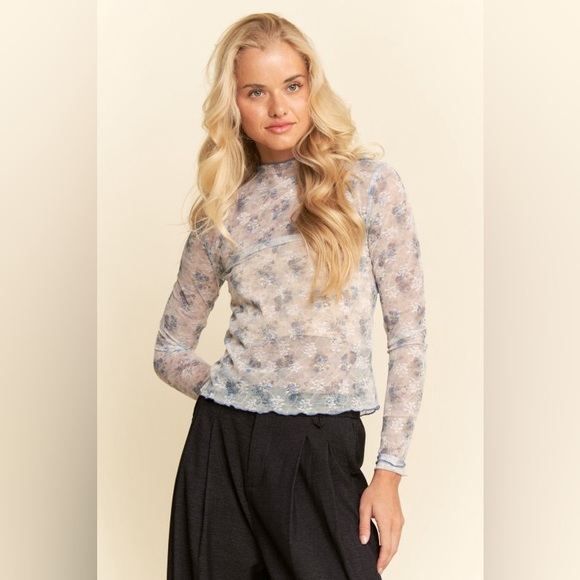Tops | 42b Floral Print Mesh Sheer Top Blue | Poshmark
